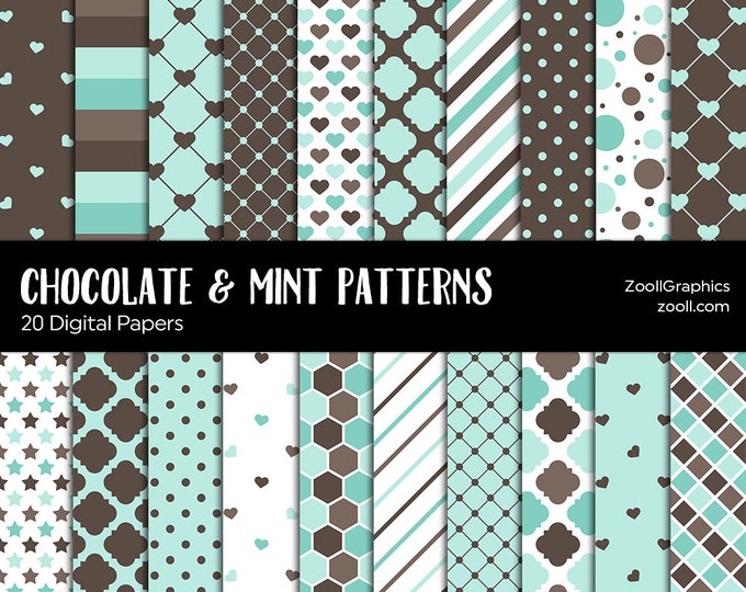 Chocolate & Mint Patterns, 20 Digital Papers 12x12, Baby Shower ...