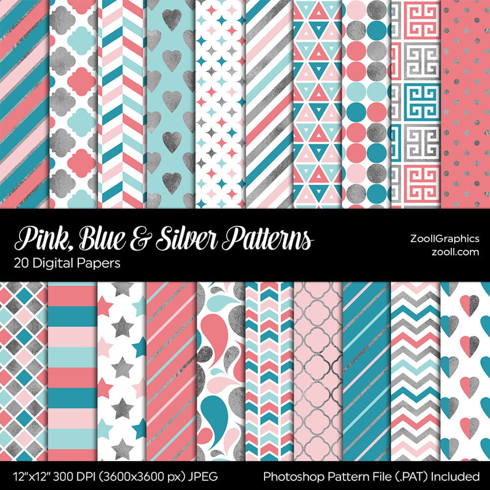Pink, Blue & Silver Patterns, 20 Digital Papers 12“x12“, Photoshop ...