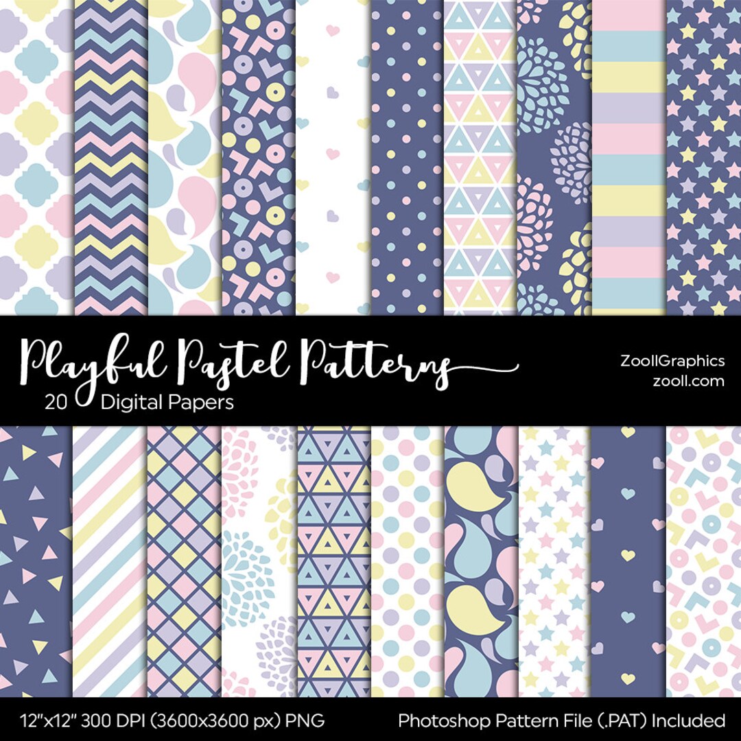 Playful Pastel Patterns, 20 Digital Papers 12“x12“, PAT File Included ...