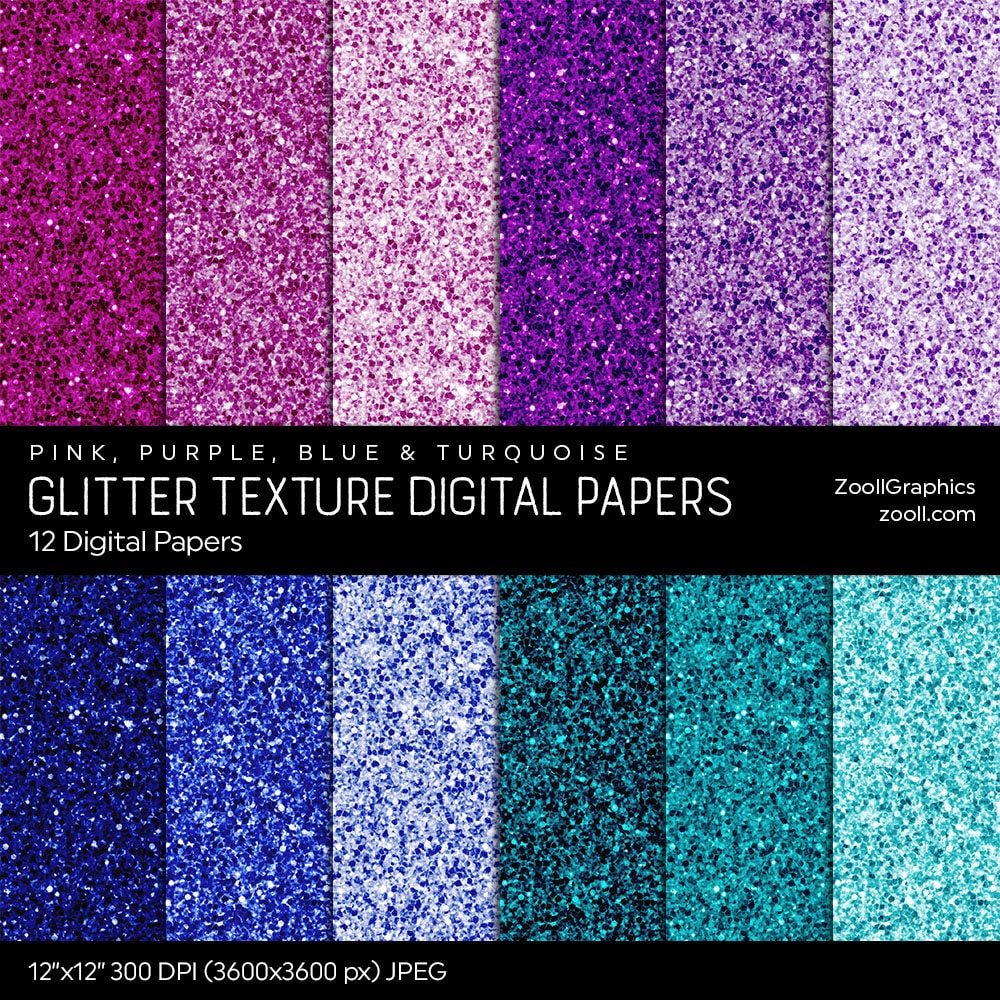 Glitter Texture Digital Papers – Pink, Purple, Blue & Turquoise, 12 ...
