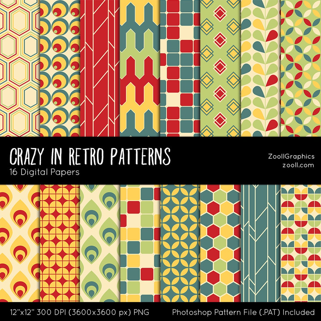 Crazy in Retro Patterns, 16 Digital Papers 12“x12“, Photoshop Pattern ...