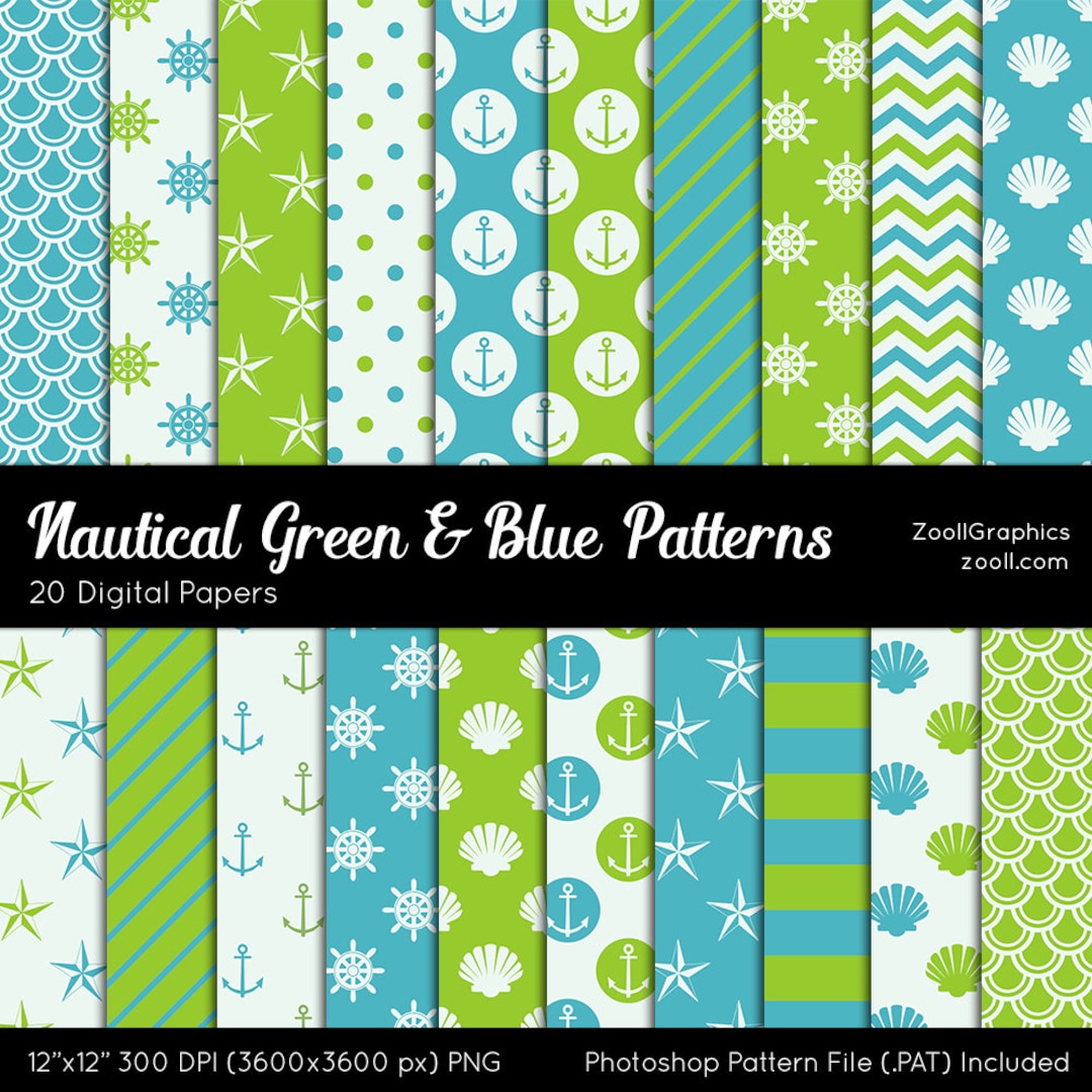 Nautical Green & Blue Patterns, 20 Digital Papers 12“x12“, Photoshop ...