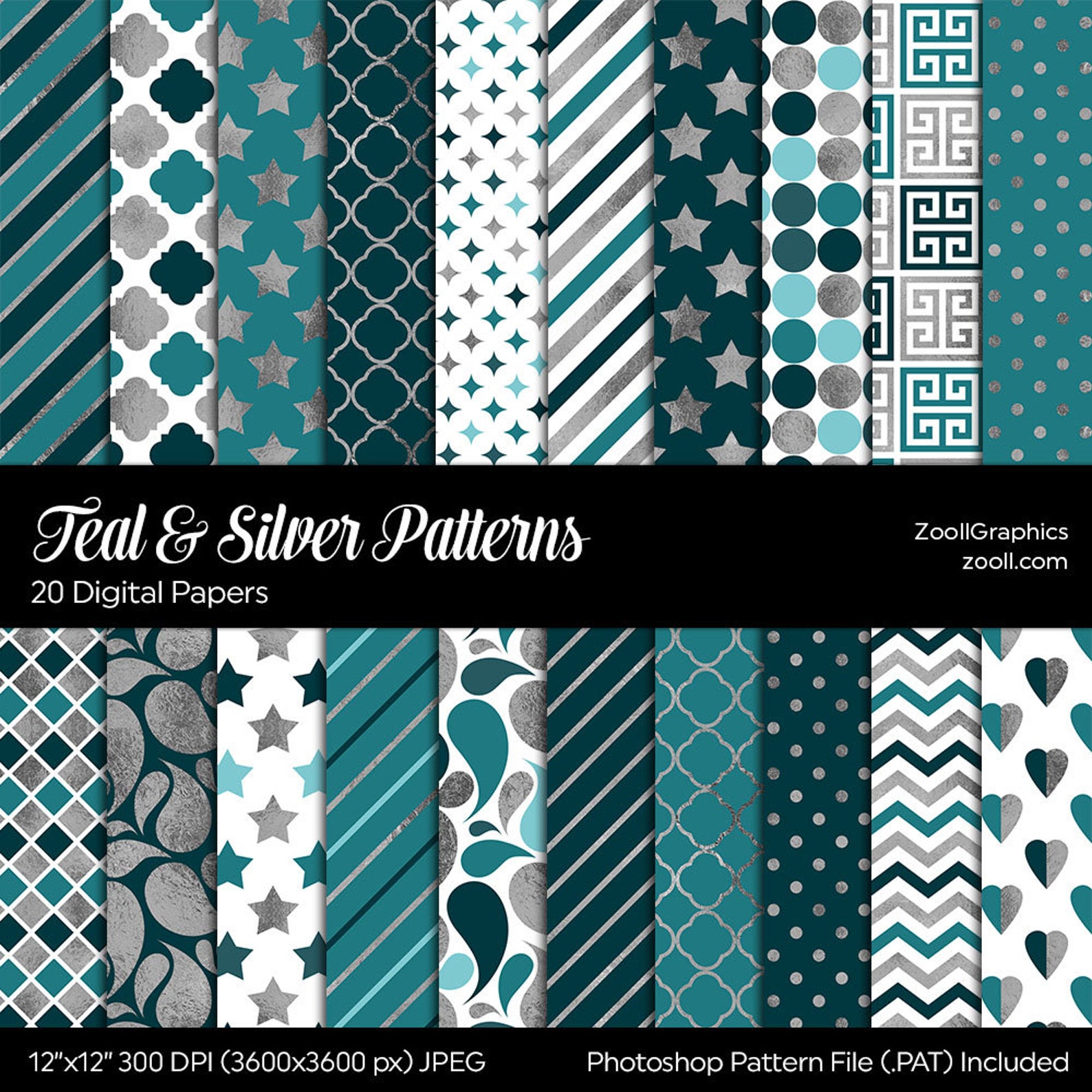 Teal & Silver Patterns, 20 Digital Papers 12x12, Seamless, Photoshop ...