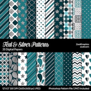 Teal & Silver Patterns, 20 Digital Papers 12"x12", Seamless, Photoshop ...
