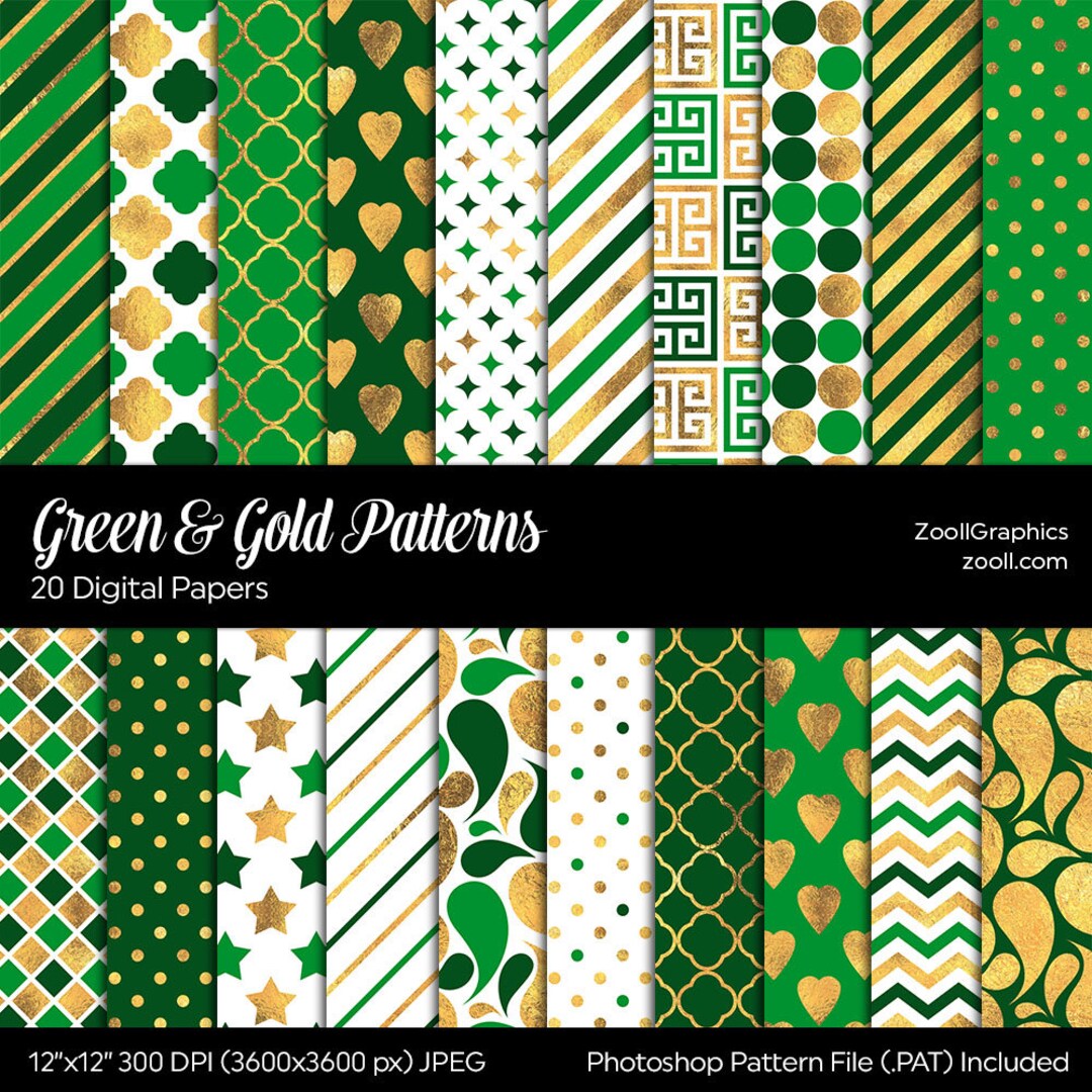 Green Gold Patterns, St. Patrick's Day, Emerald Green, 20 Digital ...