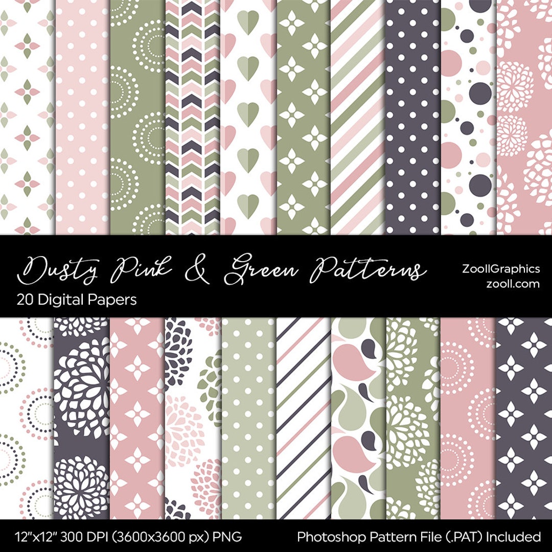 Dusty Pink & Green Patterns, 20 Digital Papers 12“x 12“, Pattern File ...