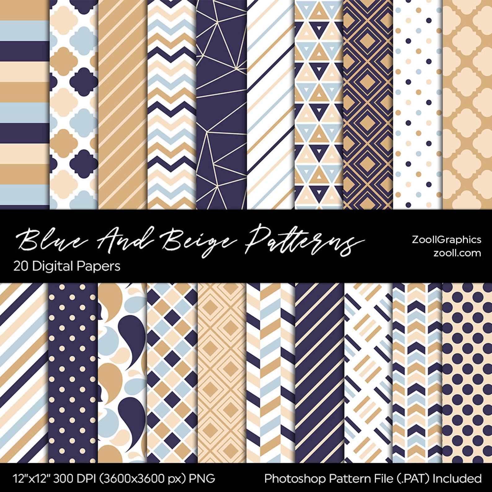 Blue and Beige Patterns 20 Digital Papers 12x12 | Etsy