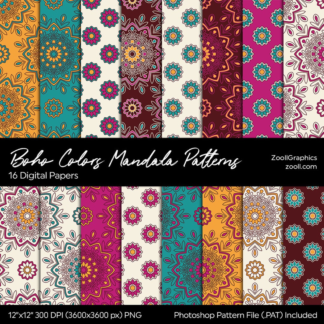 Boho Colors Mandala Patterns, 16 Digital Papers 12“x12“, Photoshop ...
