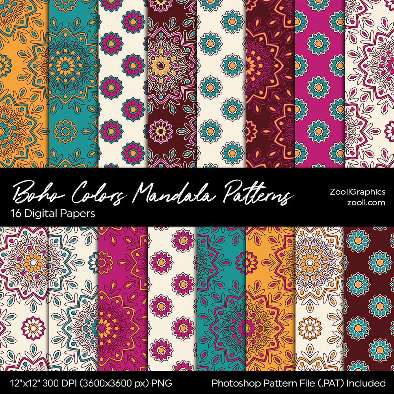 Boho Colors Mandala Patterns 16 Digital Papers 12x12 - Etsy