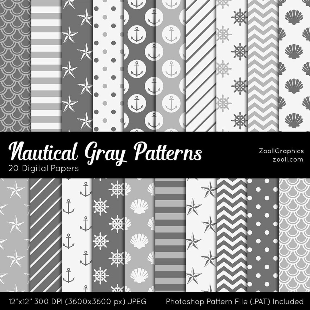Nautical Gray Patterns, 20 Digital Papers (12“x12“), Photoshop Pattern ...