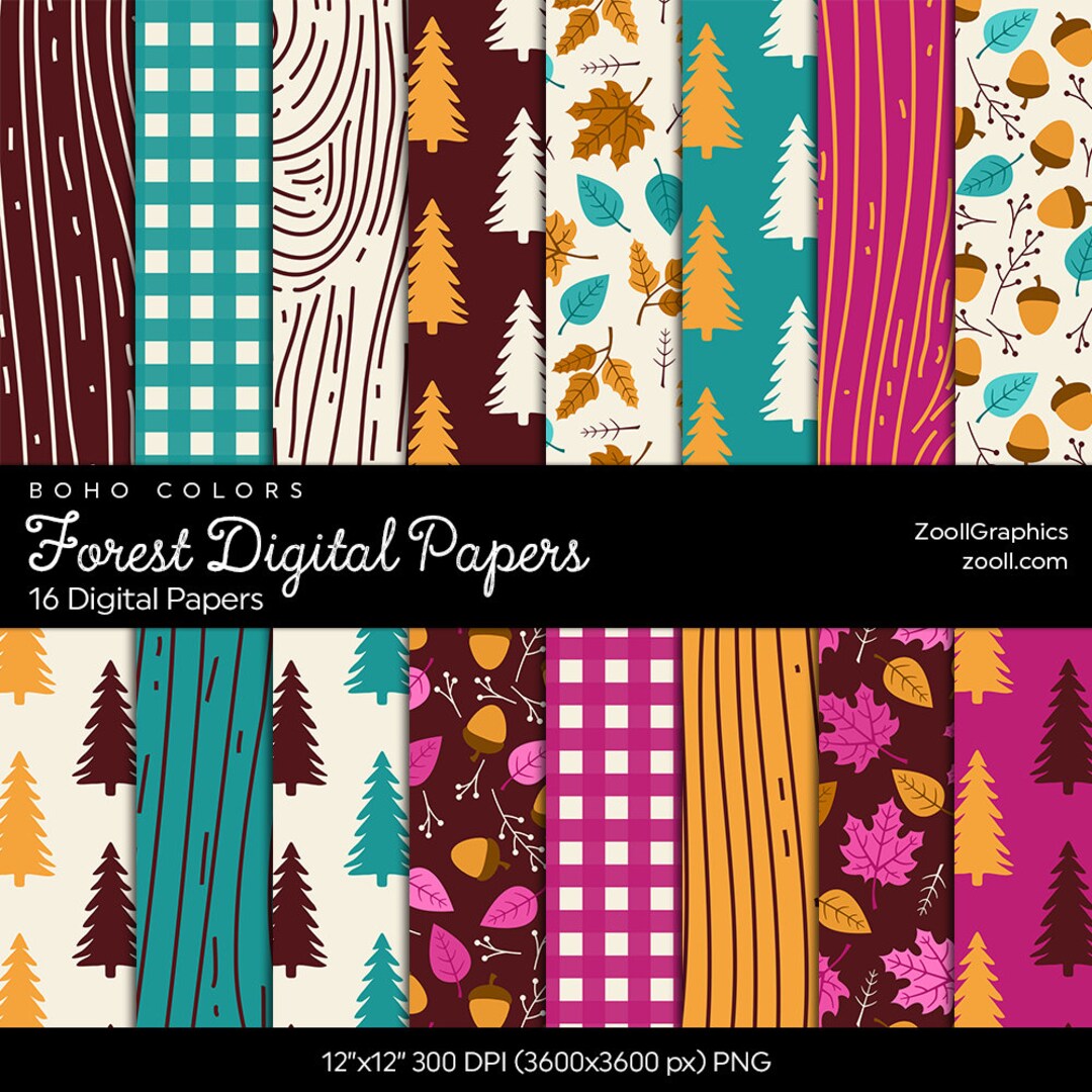 Forest Digital Papers – Boho Colors, 16 Digital Papers 12x12 ...