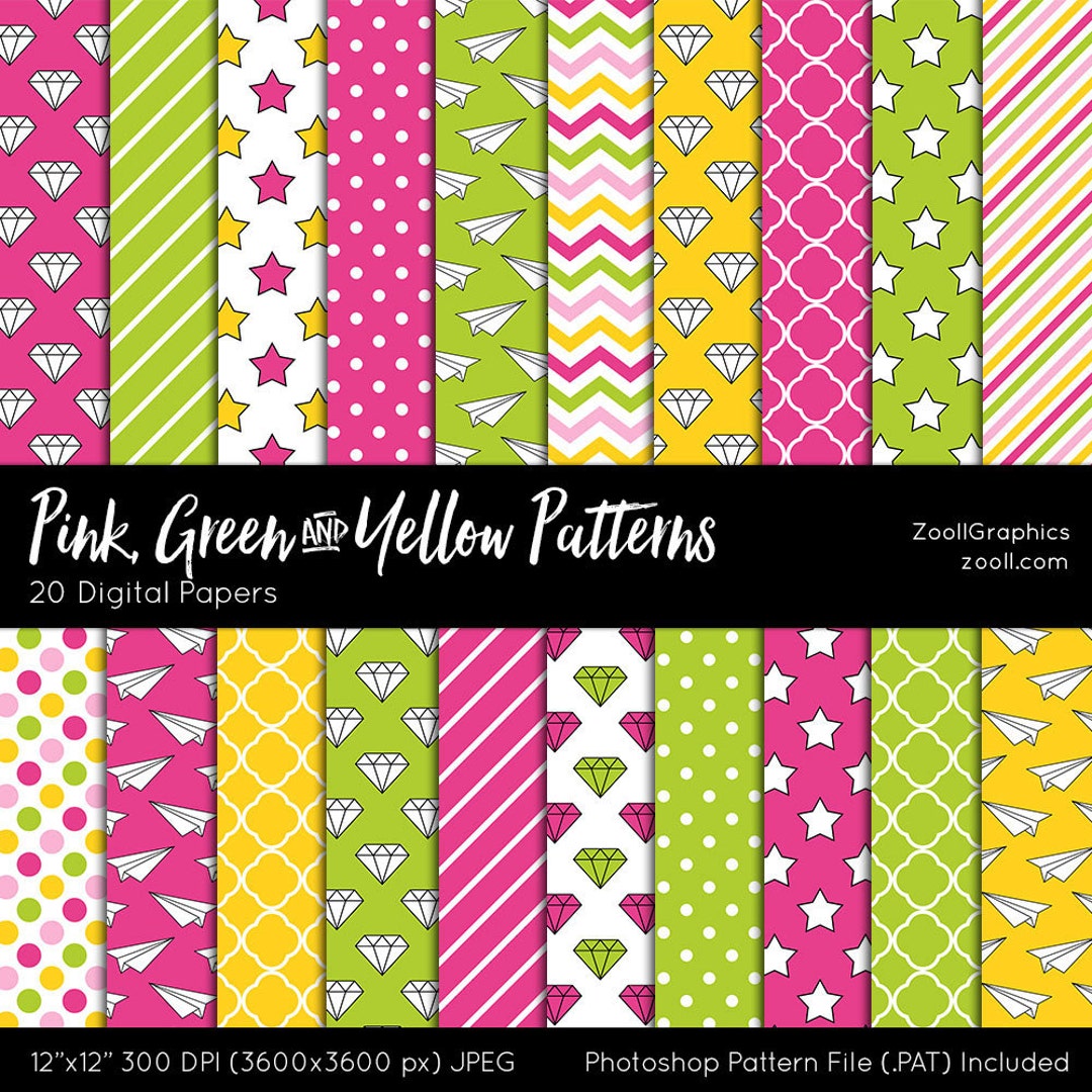 Pink, Green and Yellow Patterns, 20 Digital Papers (12“x12“), Colorful ...
