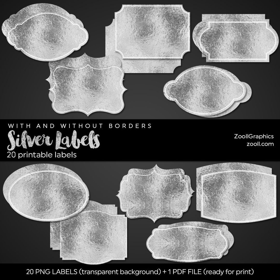 Silver Labels With and Without Borders, Silver Foil Printable Tags, 20 ...