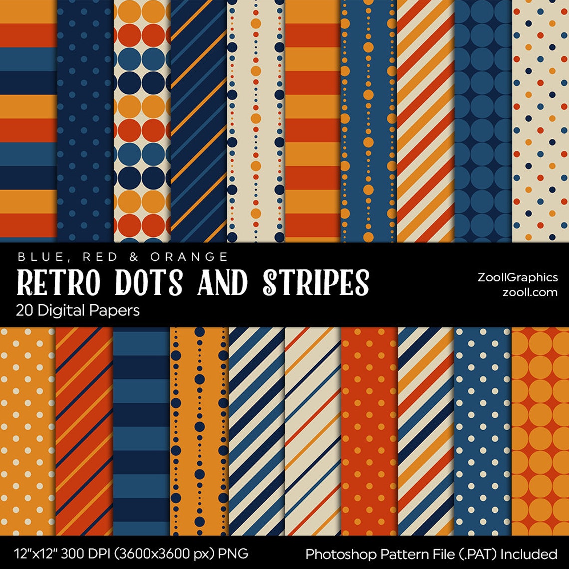 Retro Dots and Stripes Patterns Blue Red and Orange 20 - Etsy