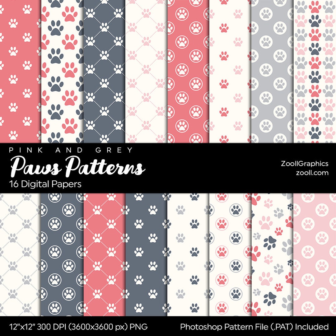Paws Patterns – Pink and Grey, 16 Digital Papers 12“x12“, Cat Dog Paw ...