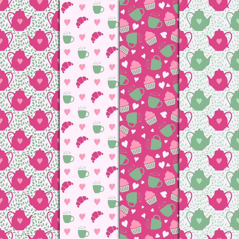 Tea Time Patterns Green & Pink 16 Digital Papers 12x12 | Etsy