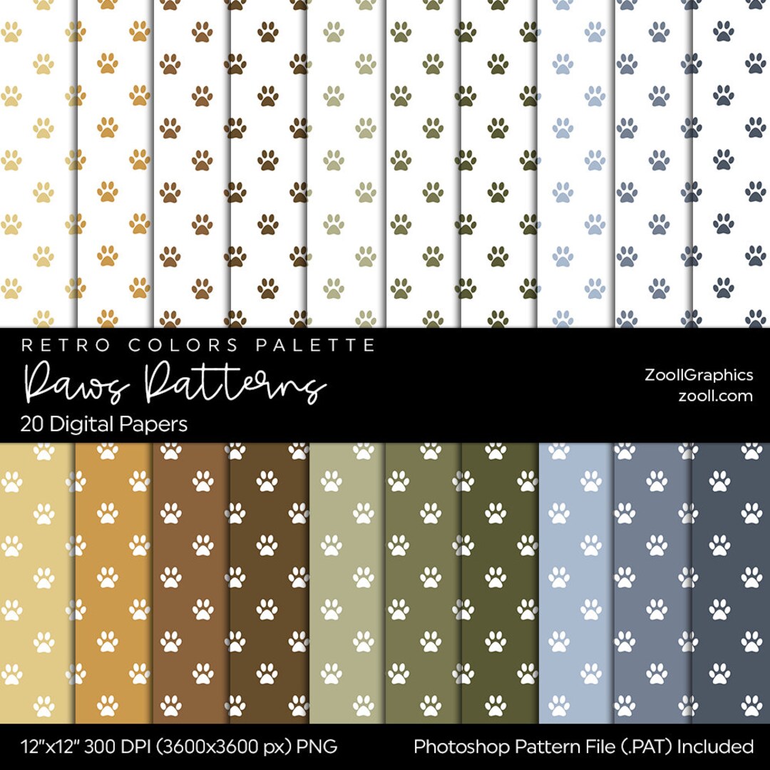 Paws Patterns, 20 Digital Papers 12“x12“, Retro Colors Scrapbook Paper ...