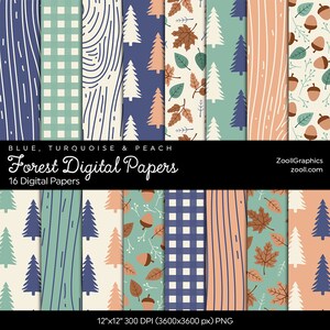 Forest Digital Papers – Blue, Turquoise & Peach, 16 Digital Papers ...