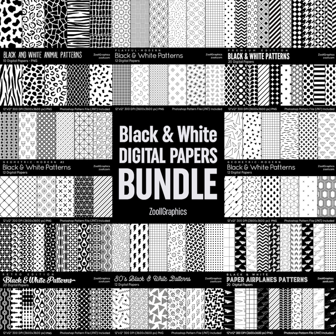 Black and White Digital Papers BUNDLE, Over 100 Digital Papers 12“x12 ...
