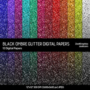 Black Ombre Glitter Digital Papers, Colorful Papers, Gradient Glitter ...