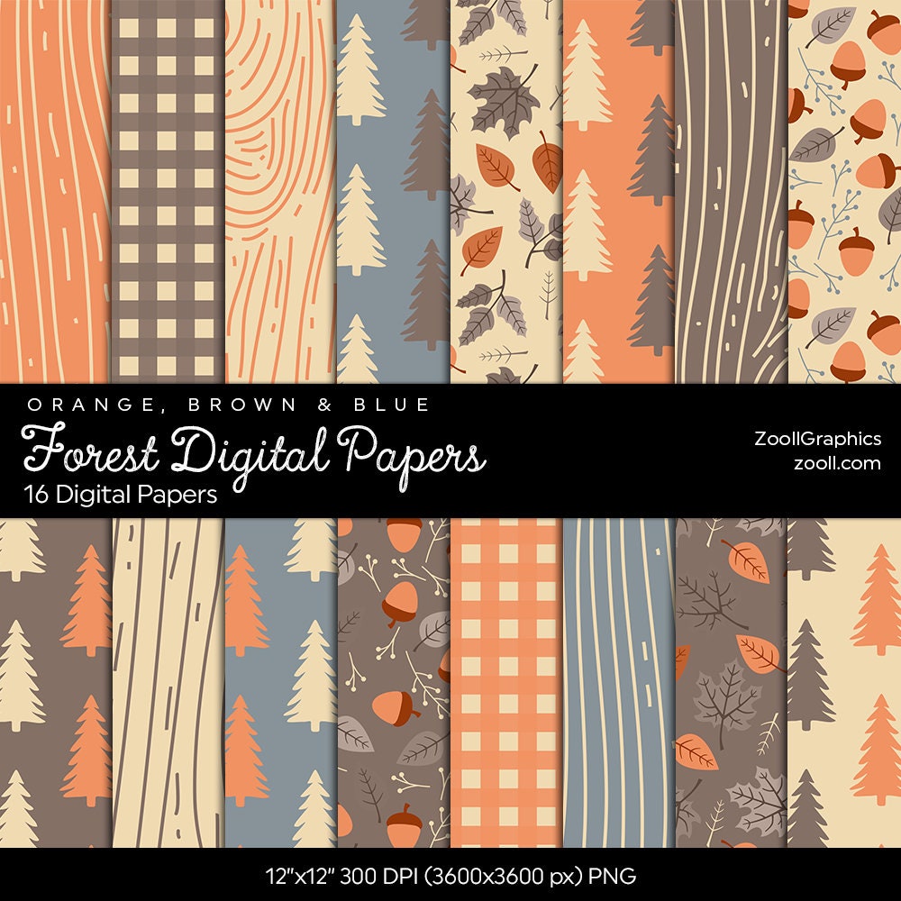 Forest Digital Papers Orange Brown & Blue Autumn | Etsy