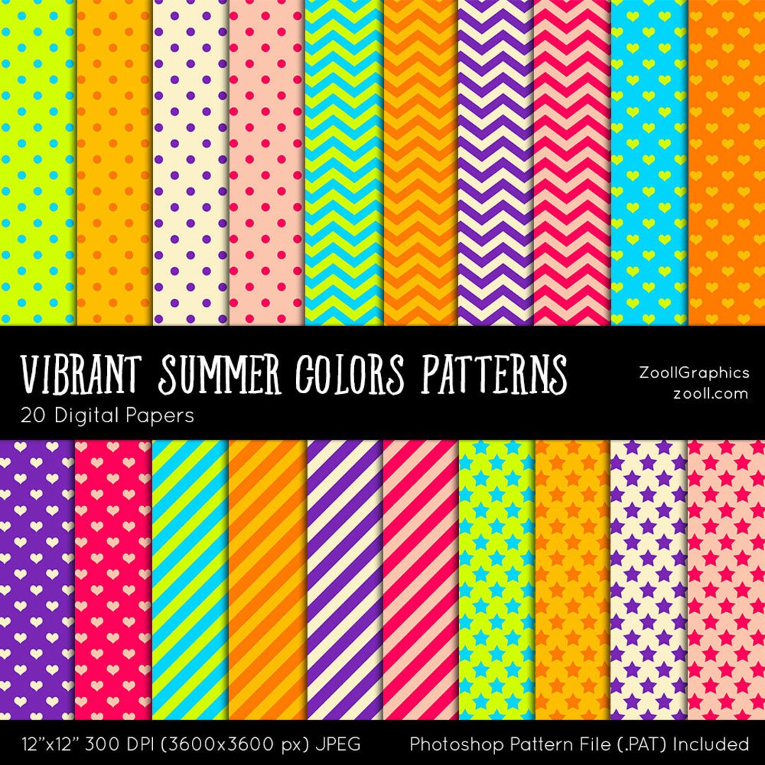Vibrant Summer Colors Patterns, Neon Paper, 20 Digital Papers 12x12 ...