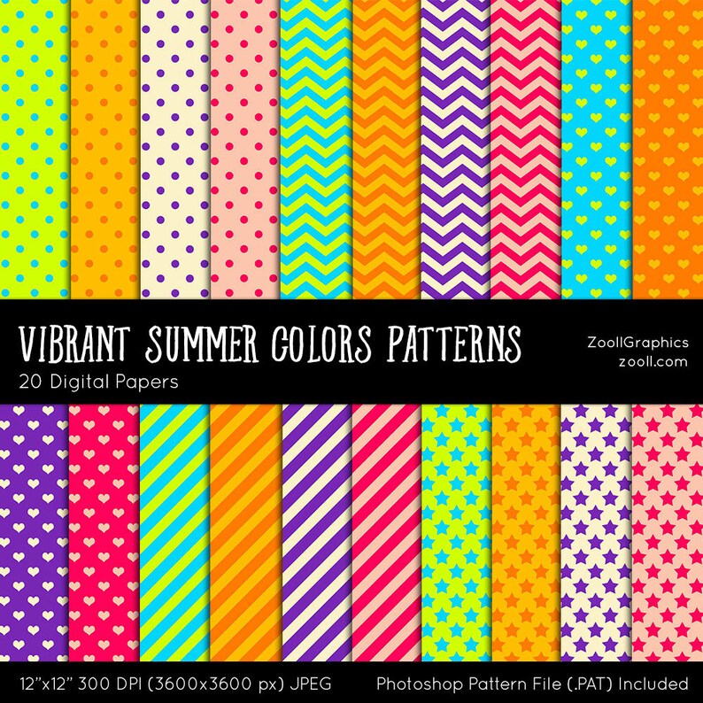 Vibrant Summer Colors Patterns, Neon Paper, 20 Digital Papers 12x12 ...