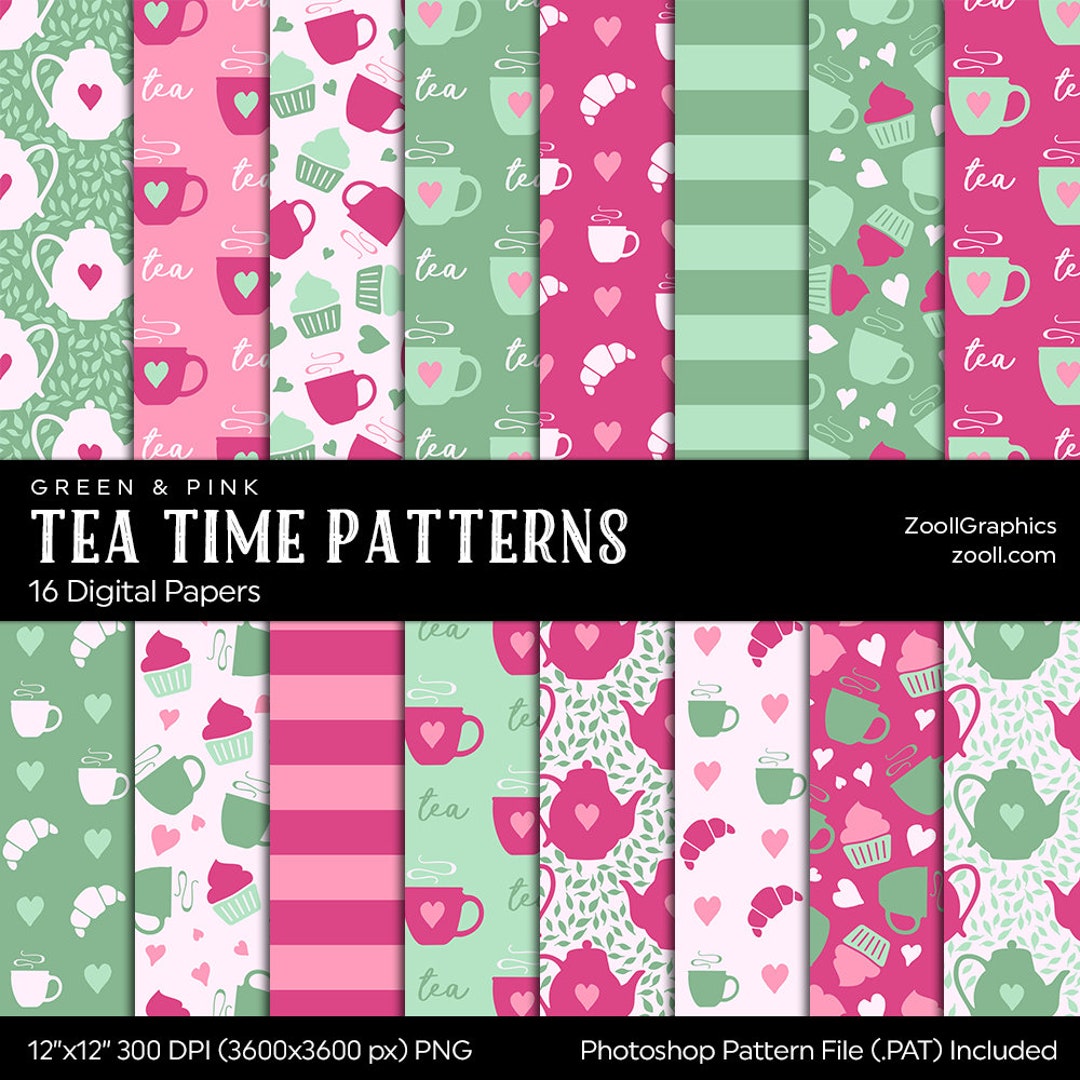 Tea Time Patterns Green & Pink, 16 Digital Papers 12x12, Photoshop ...