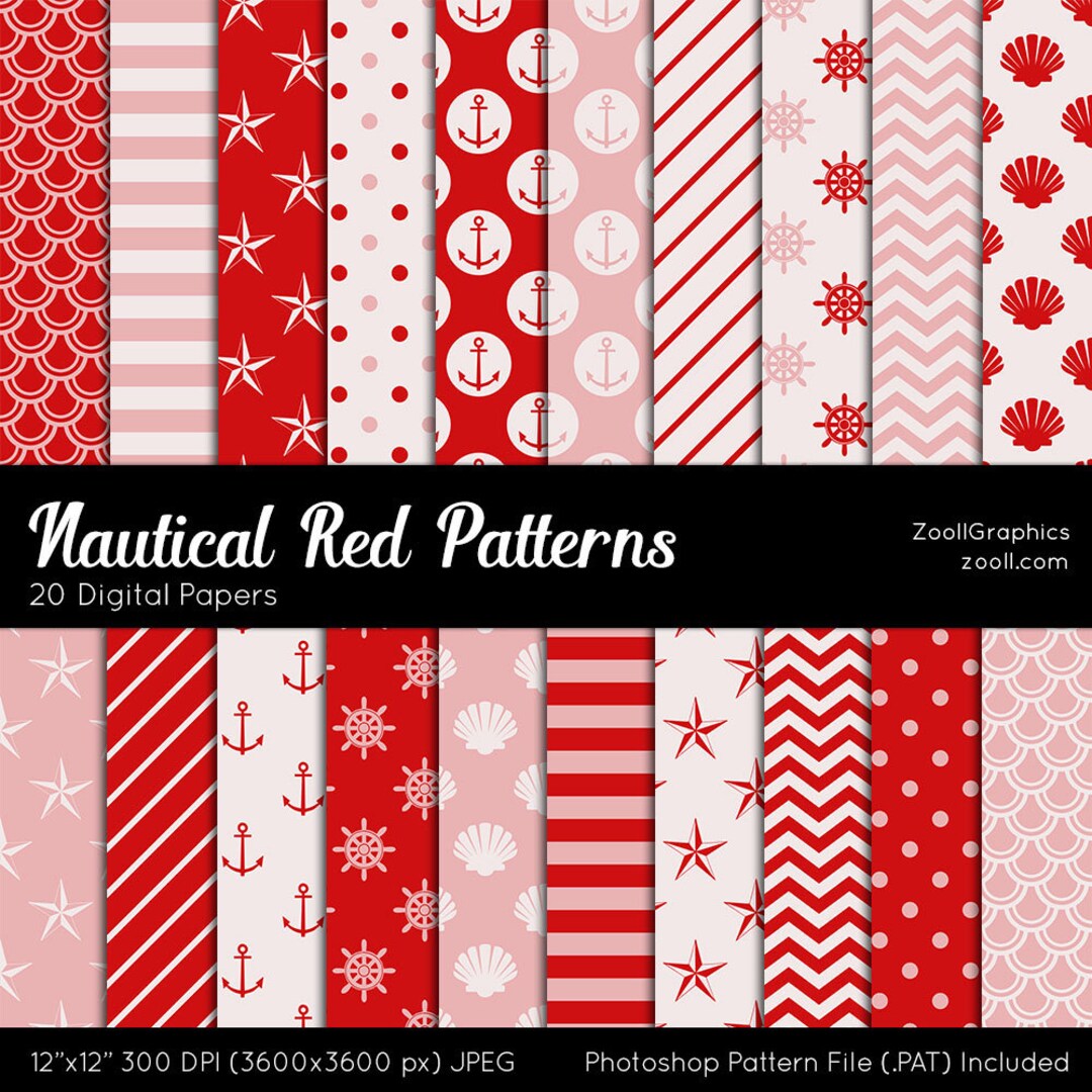 Nautical Red Patterns, 20 Digital Papers (12“x12“), Pattern File PAT ...