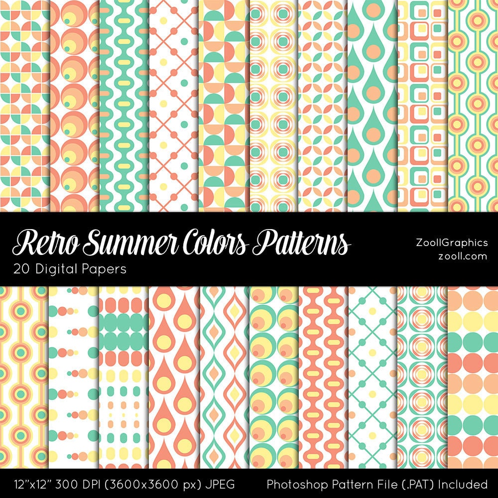 Retro Summer Colors Patterns, 60's/70's Patterns, 20 Digital Papers 12 ...