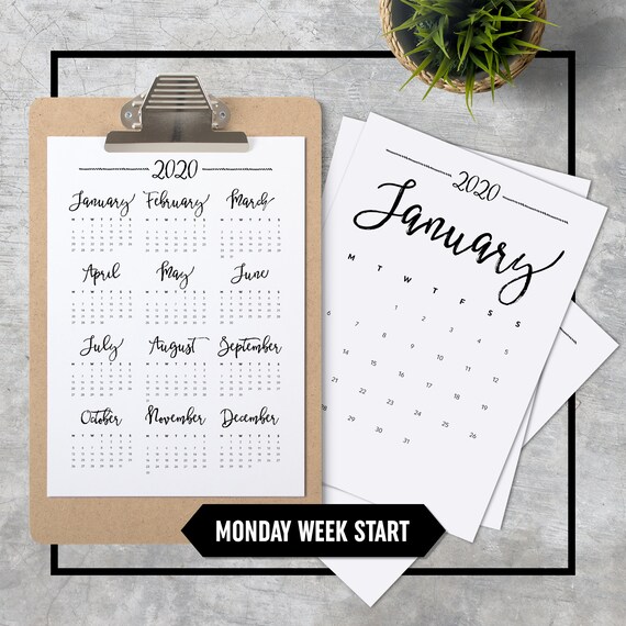 SALE Calendar 2020 A4 Printable Minimalistic Monday Week Start Stationery Monthly Calendar Planner 8.5x11 A4 INSTANT DOWNLOAD