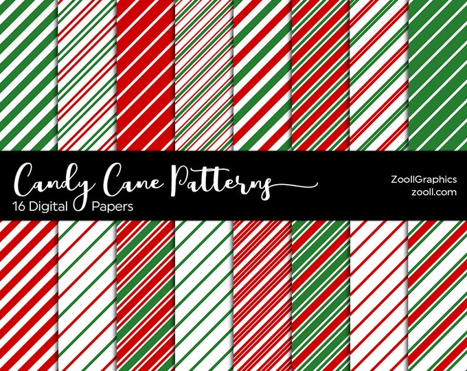 Candy Cane Patterns, 16 Digital Papers 12x12, Seamless, PAT File ...