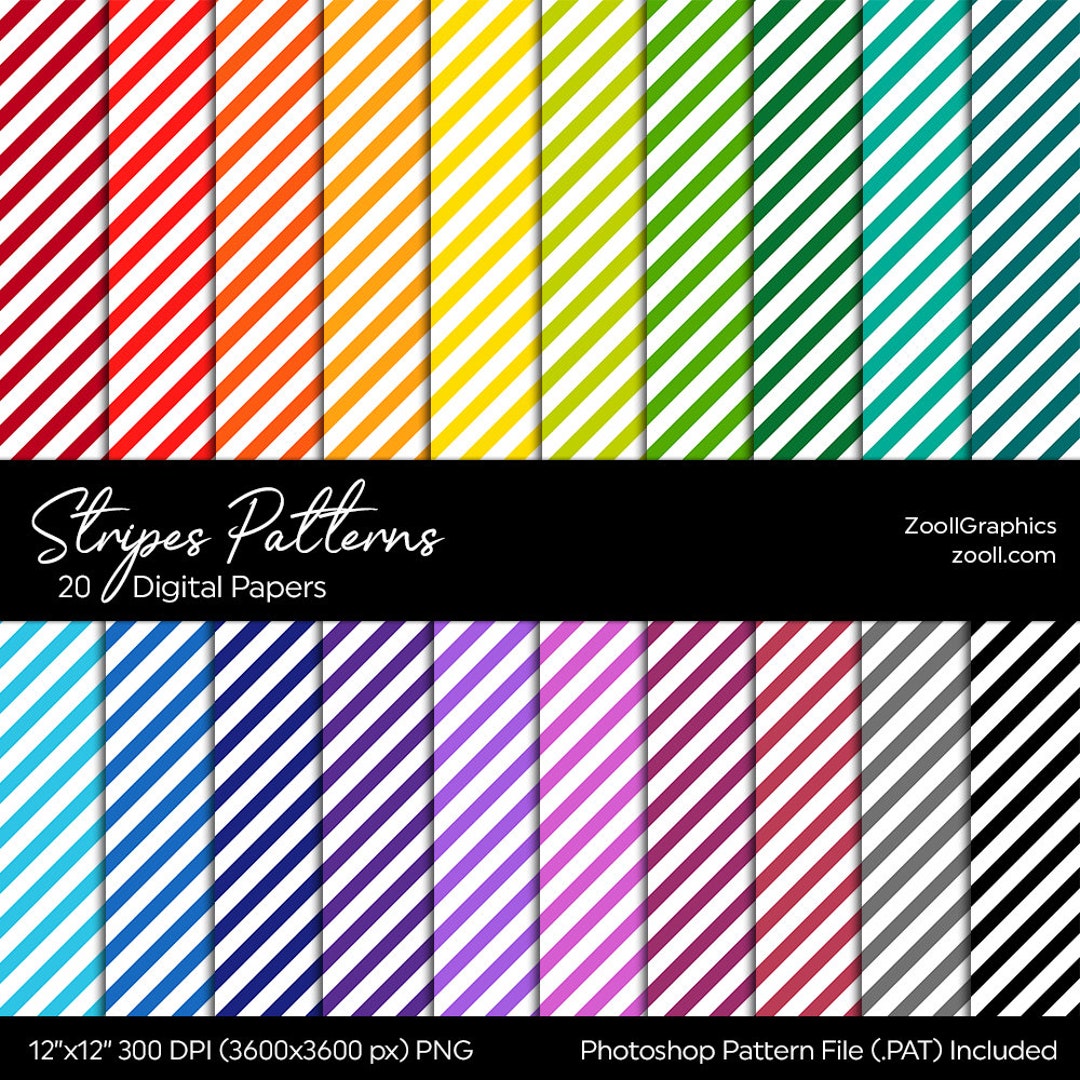 Stripes Patterns, 20 Digital Papers 12“x12“, PAT File Included, Rainbow ...
