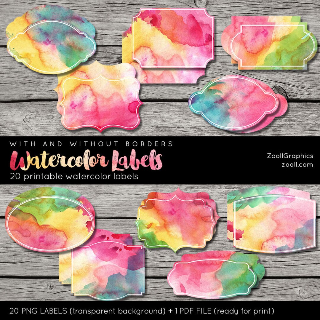 Watercolor Labels With and Without Borders, Printable, 20 Png Labels, 1 ...