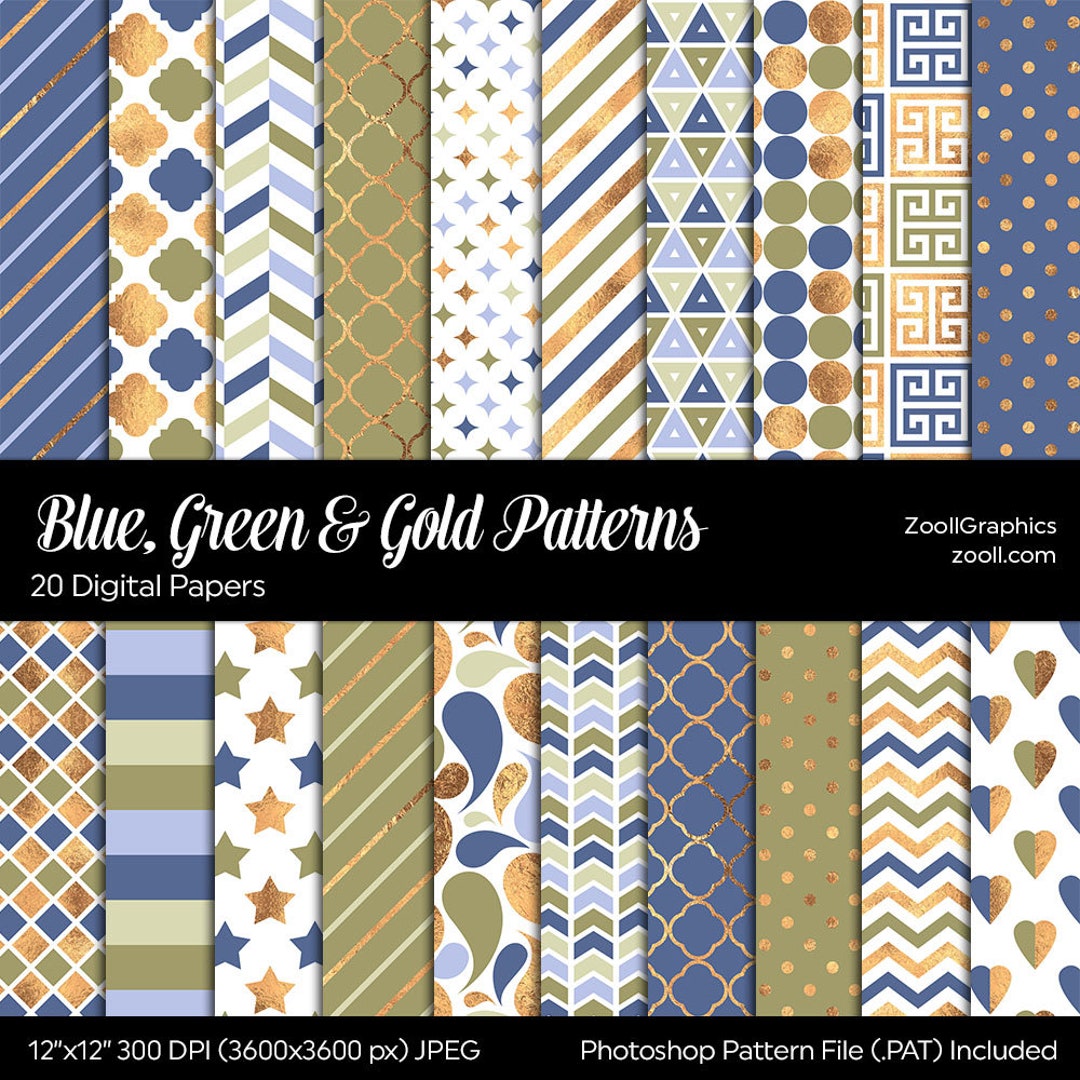 Blue, Green & Gold Patterns, 20 Digital Papers 12“x12“, Photoshop ...
