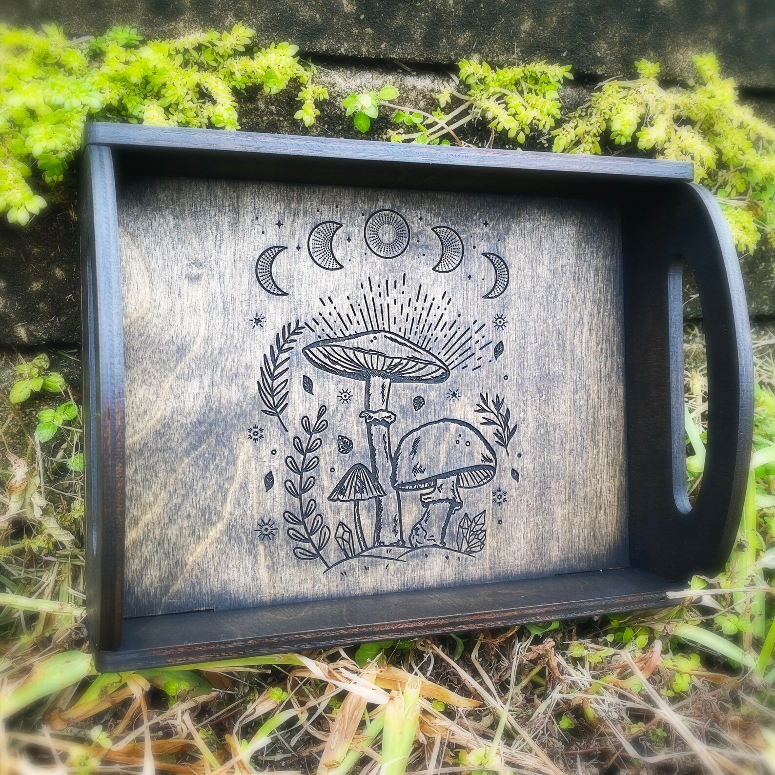 Mushroom Moon Phases Rustic Tray Crystal Tray Crystal | Etsy