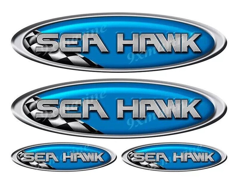 Sea Hawk Blue Oval Vinyl Decal Boat Stickers 4 Pc Set, 10"x2.5" and 5 ...