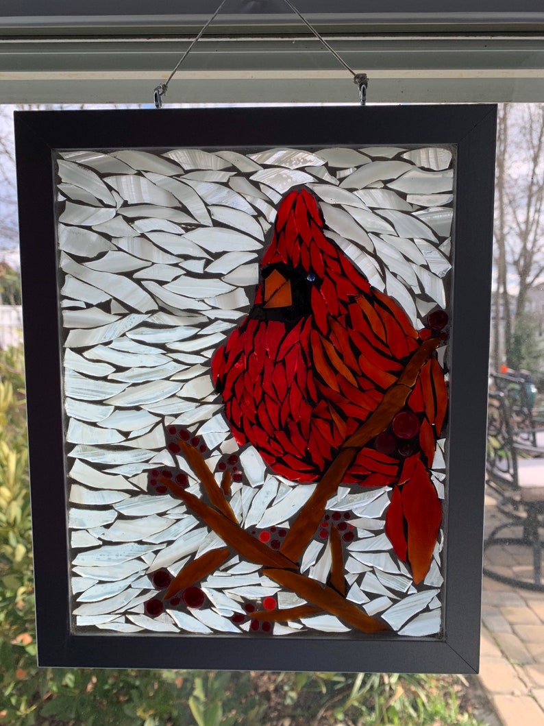 Cardinal Suncatcher Stained Glass Mosaic Cardinal Winter - Etsy