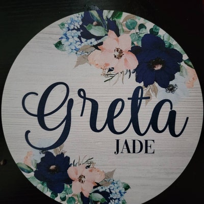 Pink and Navy Floral Round Wood Name Sign, Navy Blush Baby Sign, Round ...