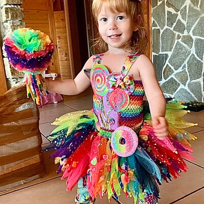 Girls Rainbow Candyland Tutu Dress up Costume. Lined Glitter Lollipop ...