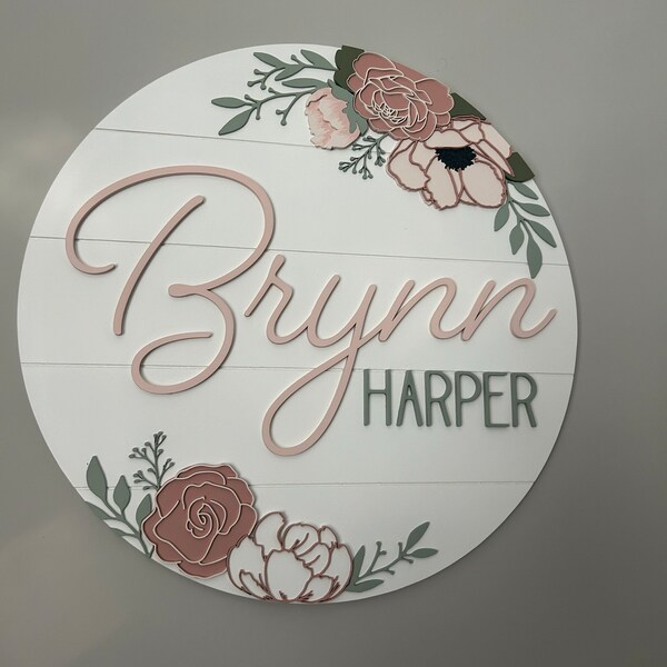 Custom Floral Baby Girl Name Sign: Peony and Rose Flowers in Blush Pink ...