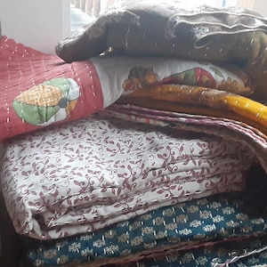 Indian Handmade Patchwork Silk Kantha Quilt Hippie Bedding Bedspread ...