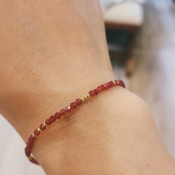 Ruby Tiny Bead Bracelet Red Gemstone Skinny Bracelet Delicate Bracelet 2MM Stone Bead Minimalist ...