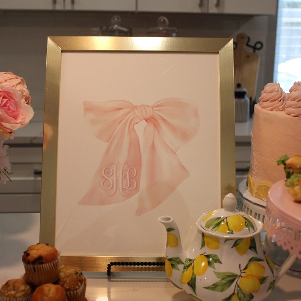 Monogram Pink Bow Wall Art for Nursery - Printed Fancy Pink Bow ...