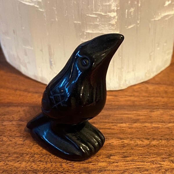 Natural Obsidian Crow Figurine Hand Carved Miniature Stone Animal ...