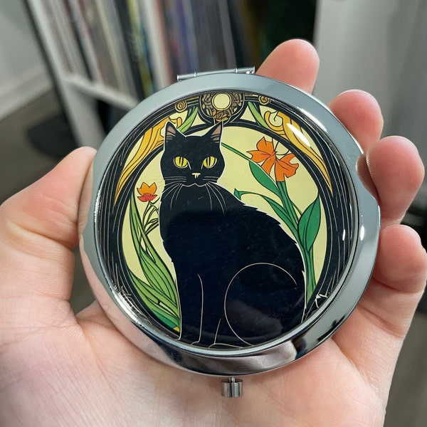 Art Nouveau Black Cat Compact Mirror - Art Deco Vintage Style Animal ...