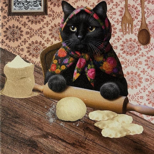 Polish Babushka Cat Art, Babushka Relaxes, Polish Folk Art Style Decor ...