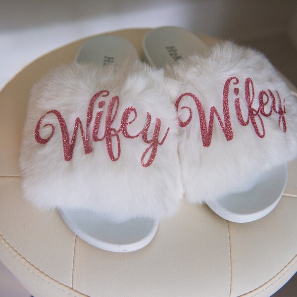 Bride Faux White Fur- Mrs. Slides, Personalized Bride Slides ...