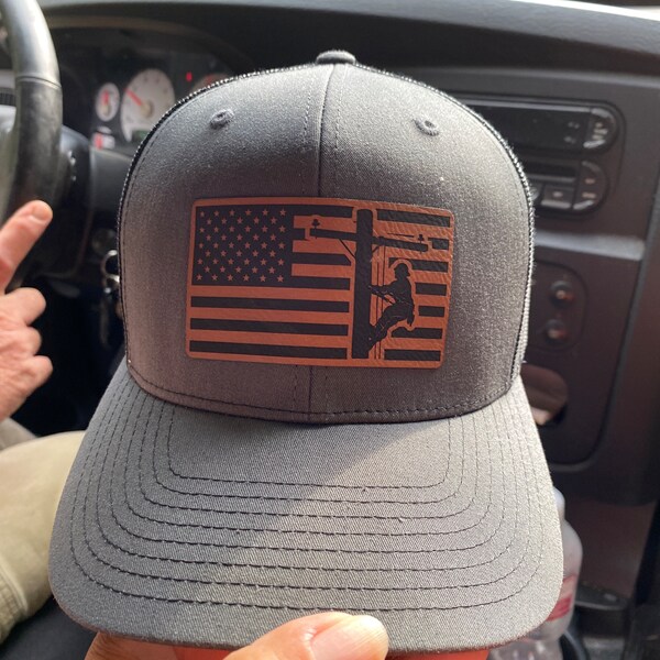 Lineman Hat, American Flag Lineman Hat, Hat, Cap, Leather Engraved ...