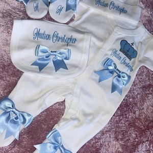 Newborn Baby Homecoming Set. SUPERB QUALITY Sleepsuit Hat Bib Headband ...